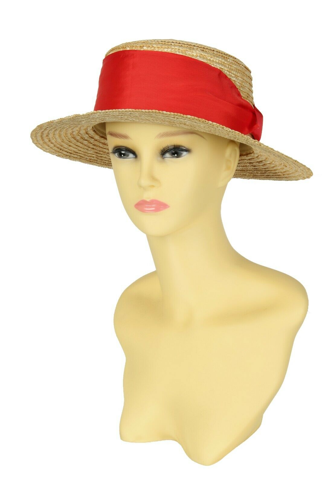 New Paper Straw Boater Hat Sailor Skimmer Black/Red Band Hawkins Summer ...